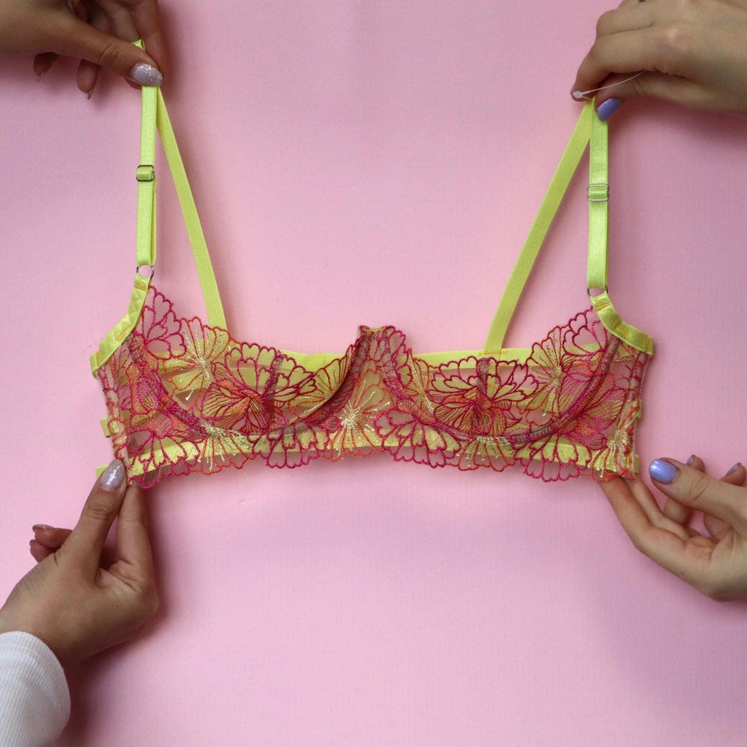 Pink Floral Shelf Cup Bra With Support Transparent Embroidered Lace ...