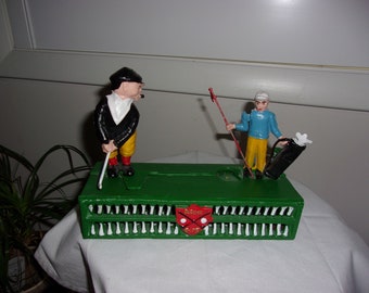 Vintage Cast Iron Mechanical Coin Operated Money Piggy Bank Birdie Putt ...