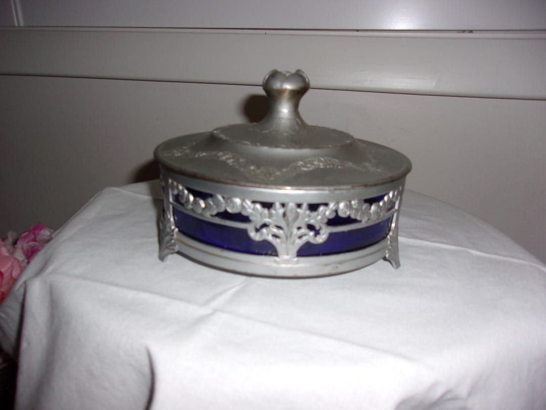 Vintage Japanese Antimony Footed Covered Dish With Cobalt Blue Insert ...