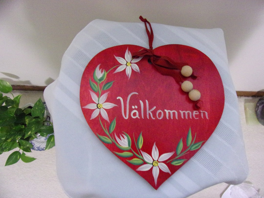 Swedish Handpainted Welcome Sign Heart Shape With Flowers - Etsy