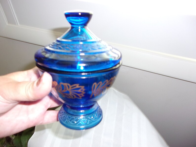 Vintage Cobalt Blue Glass Container With Gold Details - Etsy