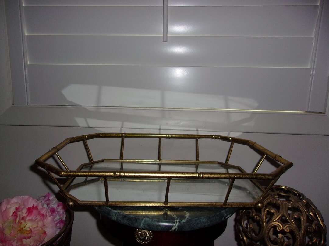 Vintage Heavy Metal and Mirrored Glass Bottom Tray Serving Tray ...