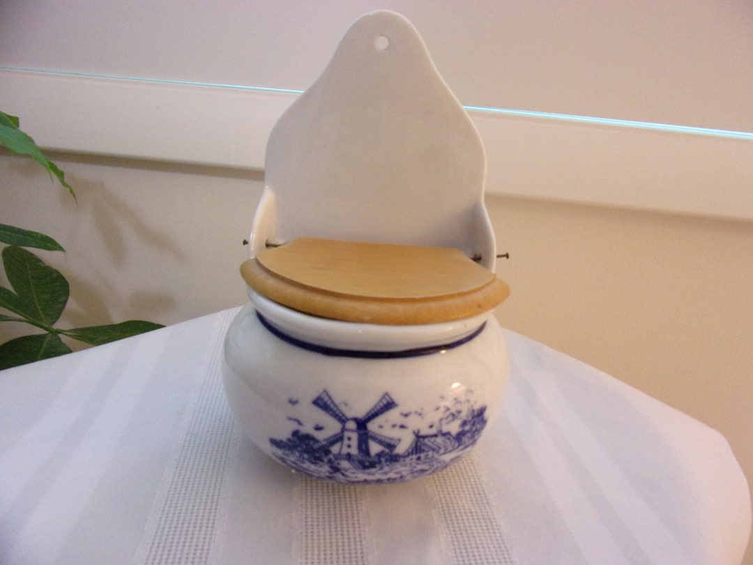 Vintage Ceramic Blue & White Salt Cellar With Wood Top - Etsy