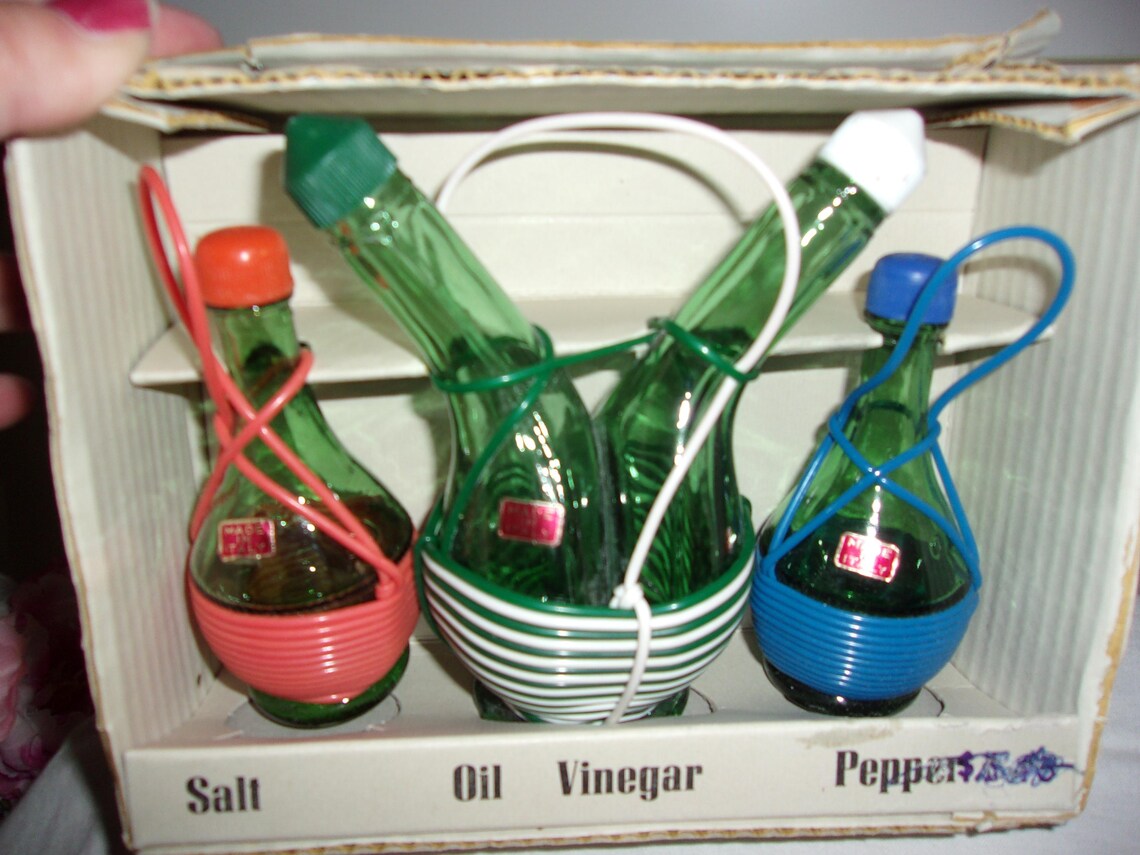 Vintage Handcrafted Glass Oil and Vinegar and Salt and Pepper Set Made ...