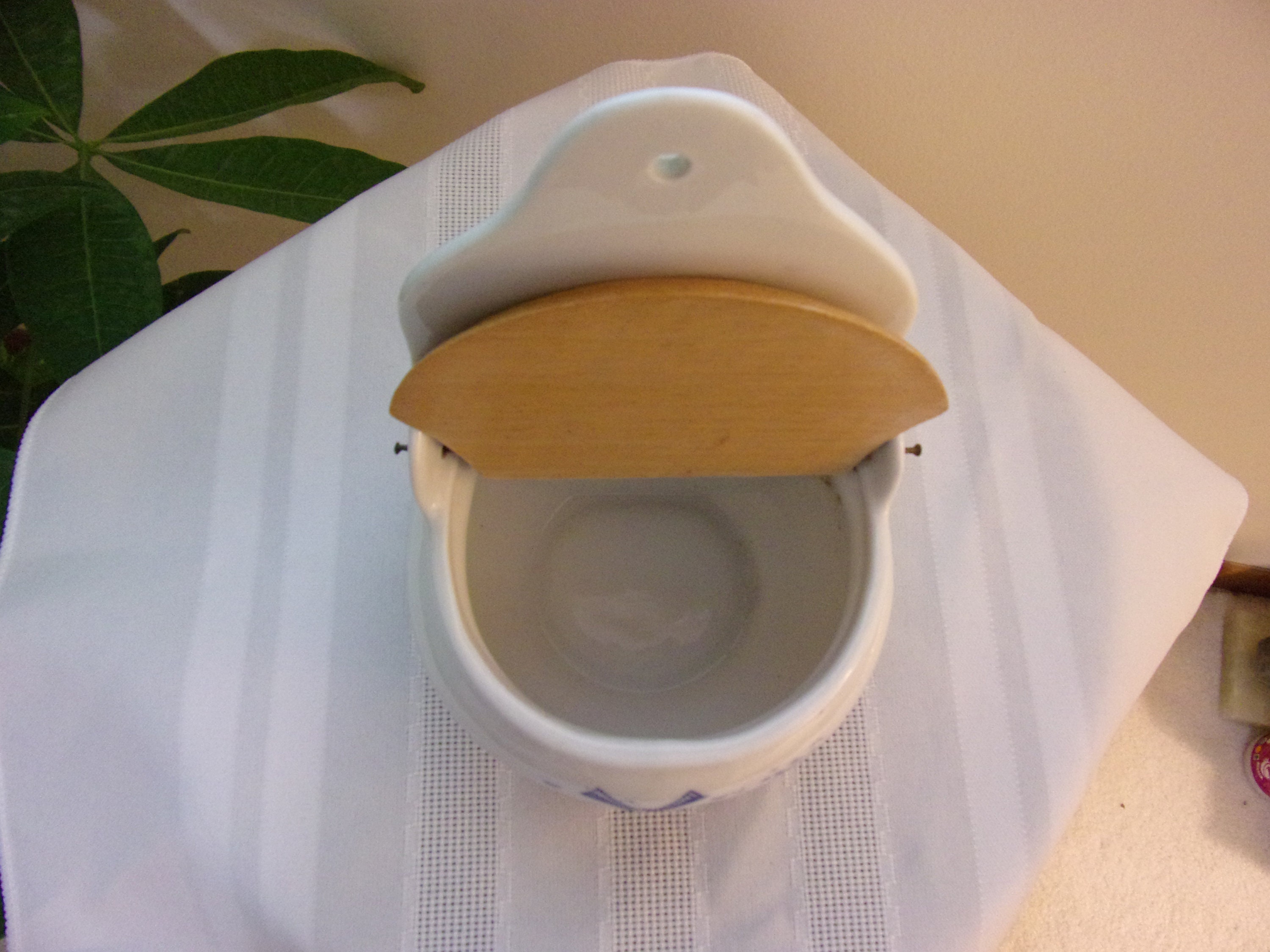 Vintage Ceramic Blue & White Salt Cellar With Wood Top | Etsy