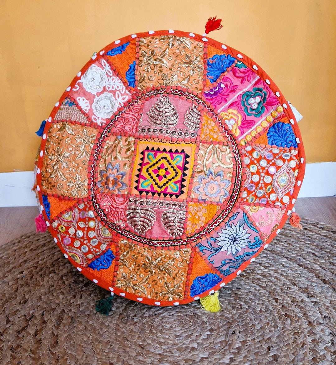 Embroidered Pouf Cover. Patchwork Ottoman. Handmade Home Decor - Etsy
