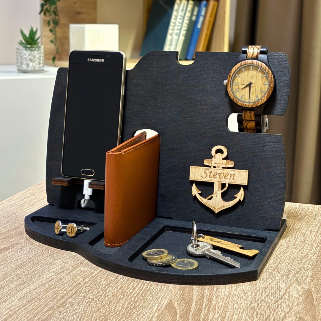 Personalized Docking Station Wooden Phone Stand Tech Desk Organizer ...