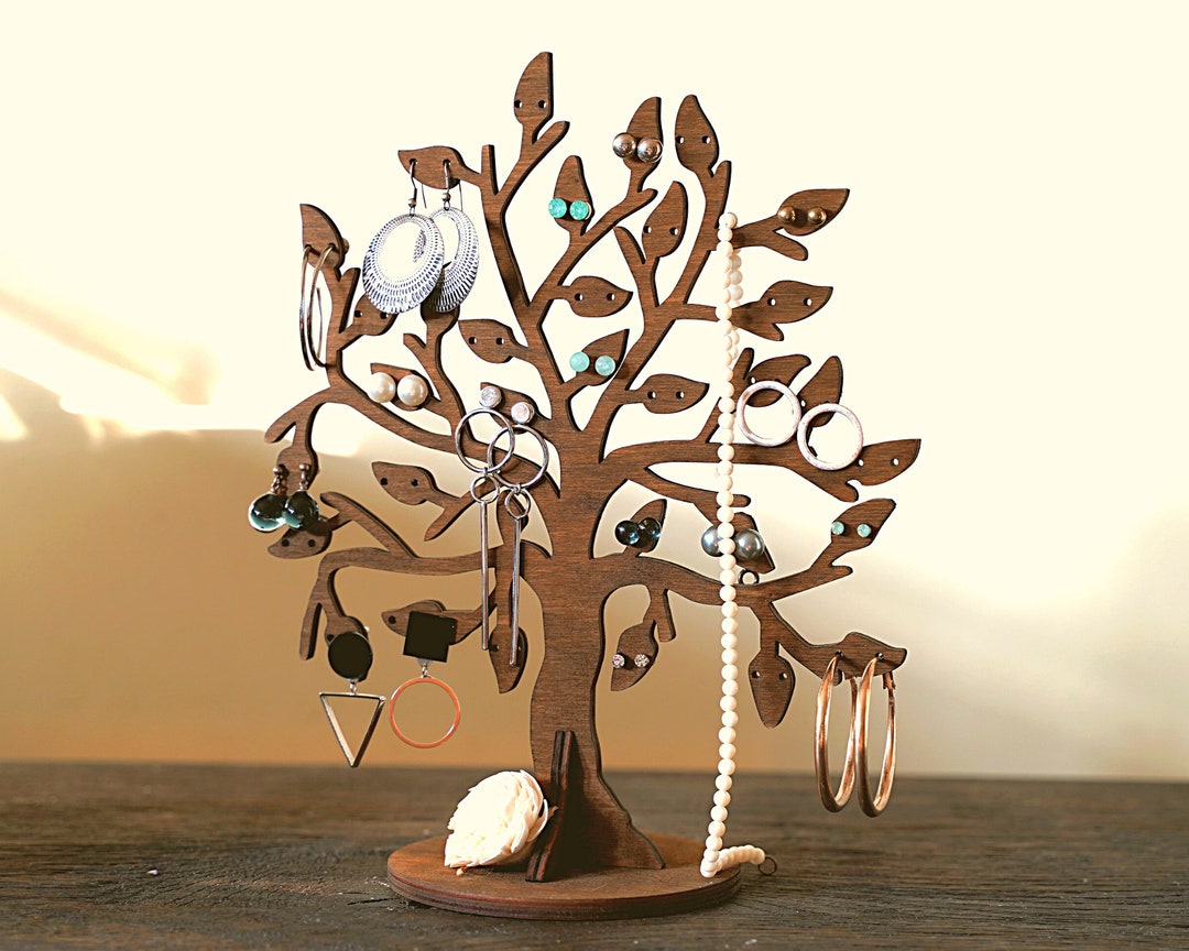 Personalized Jewelry Tree Stand – Wooden Earring Necklace Holder, Gift ...