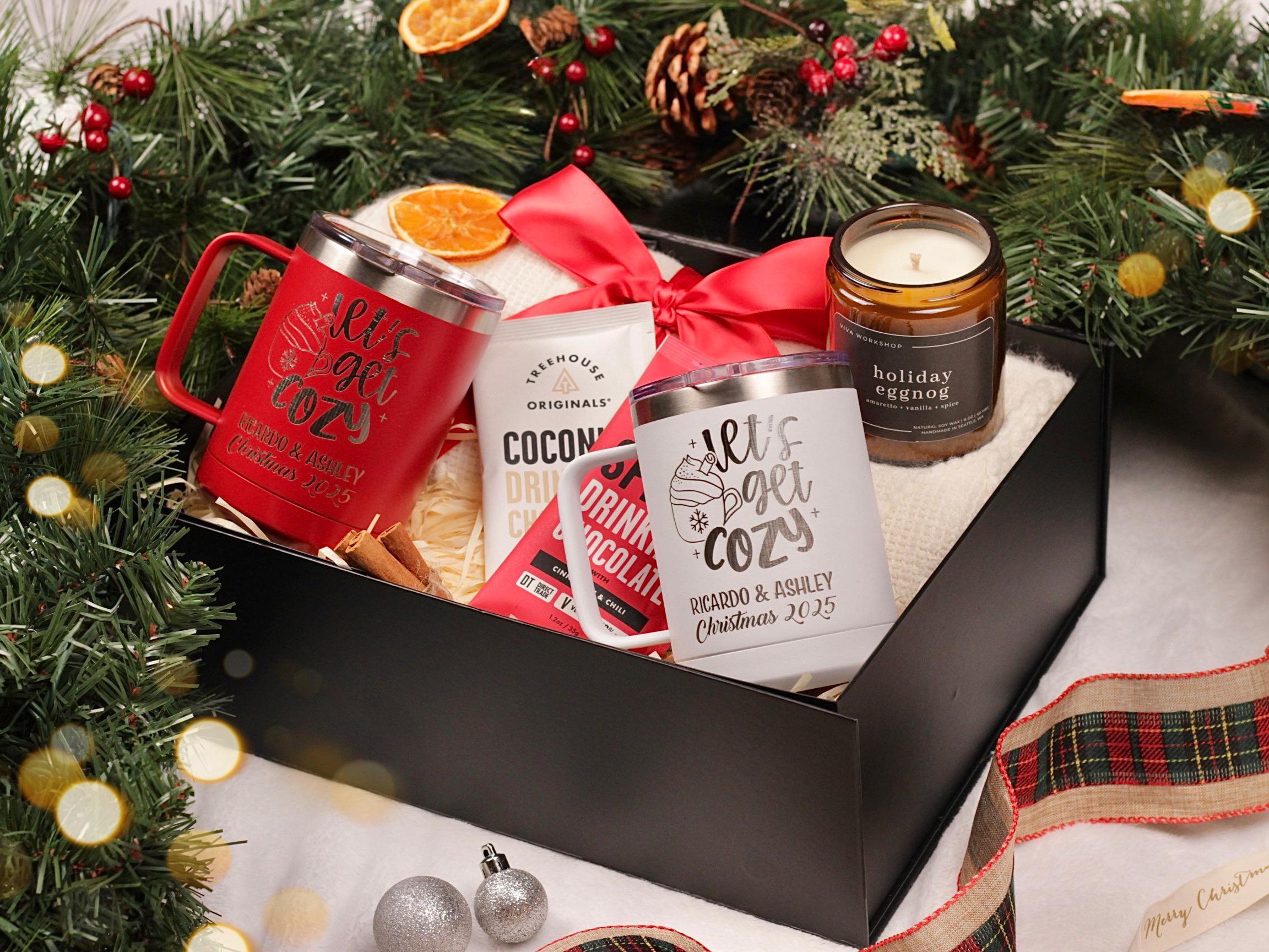 Christmas Gift Box With Personalized Travel Mugs, Cozy Blanket & Soy ...