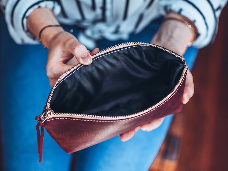 Leather Women Cosmetic Bag Personalized Small Makeup Pouch, Monogrammed ...