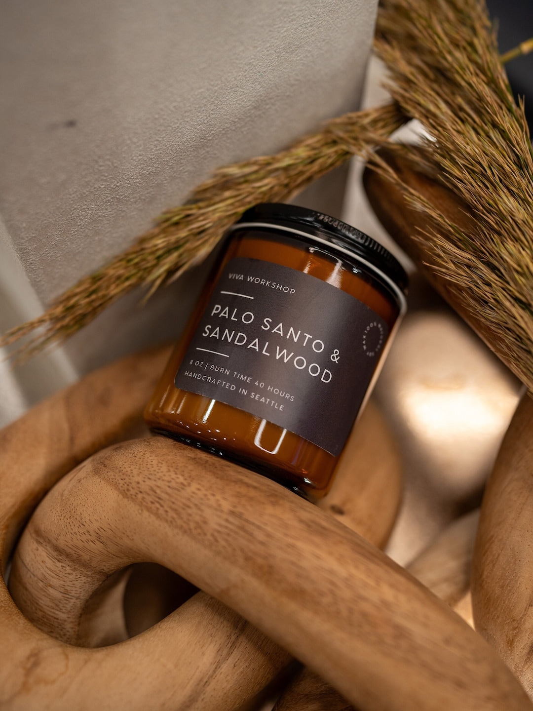 Palo Santo & Sandalwood Soy Wax Candle W/ Wooden Wick in Amber Jar ...