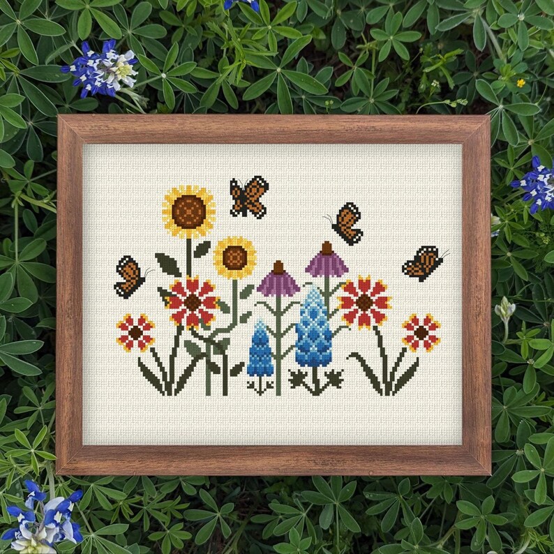 Monarch Butterfly Cross Stitch Pattern Featuring Wildflowes Bluebonnets ...