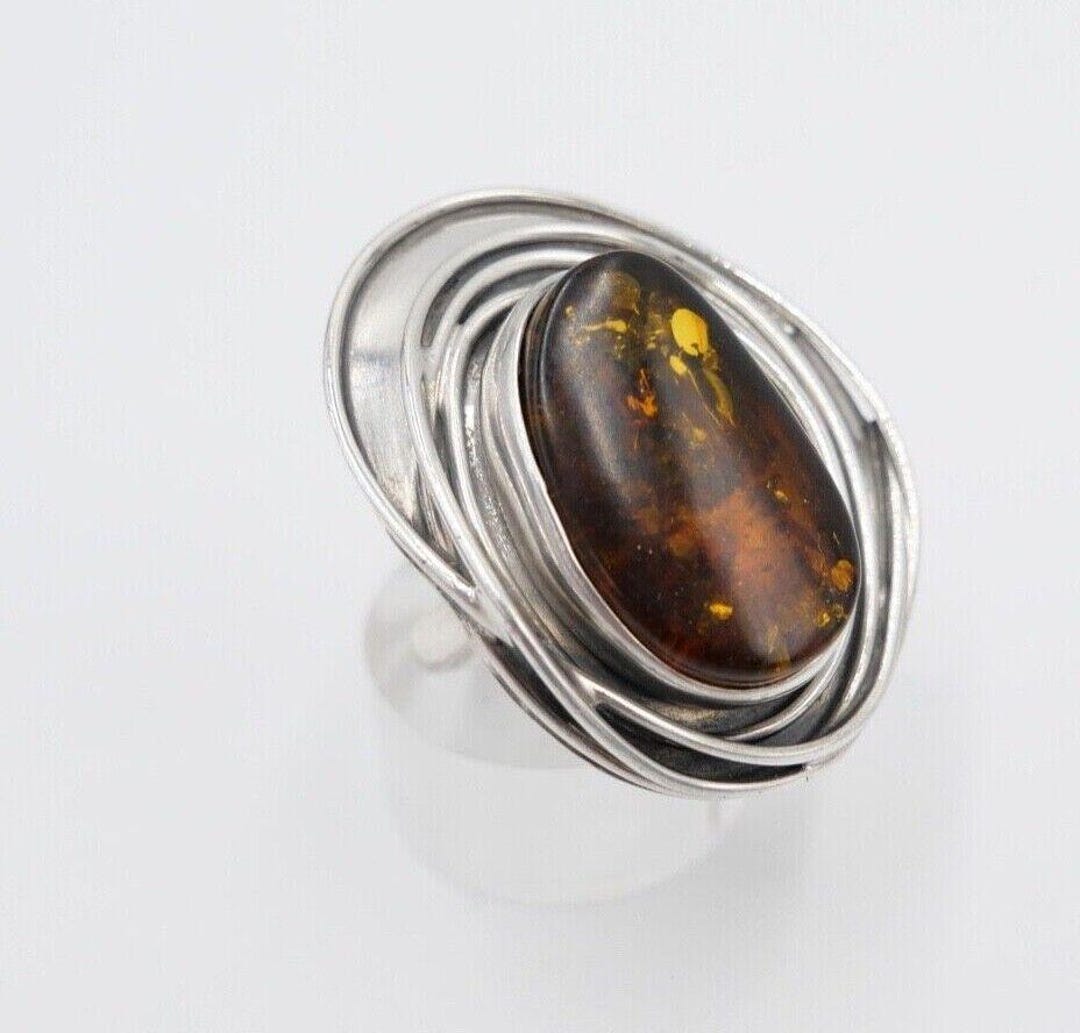 80s Designer Ring Amber Silver 925 Size 58 Woman's Head W Warsaw Poland ...