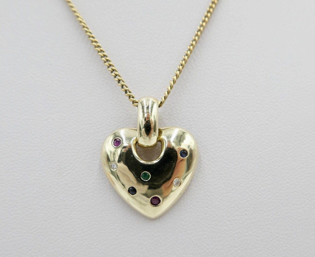 80s Heart Love Gold Pendant Multicolor Diamond Sapphire Emerald Ruby ...