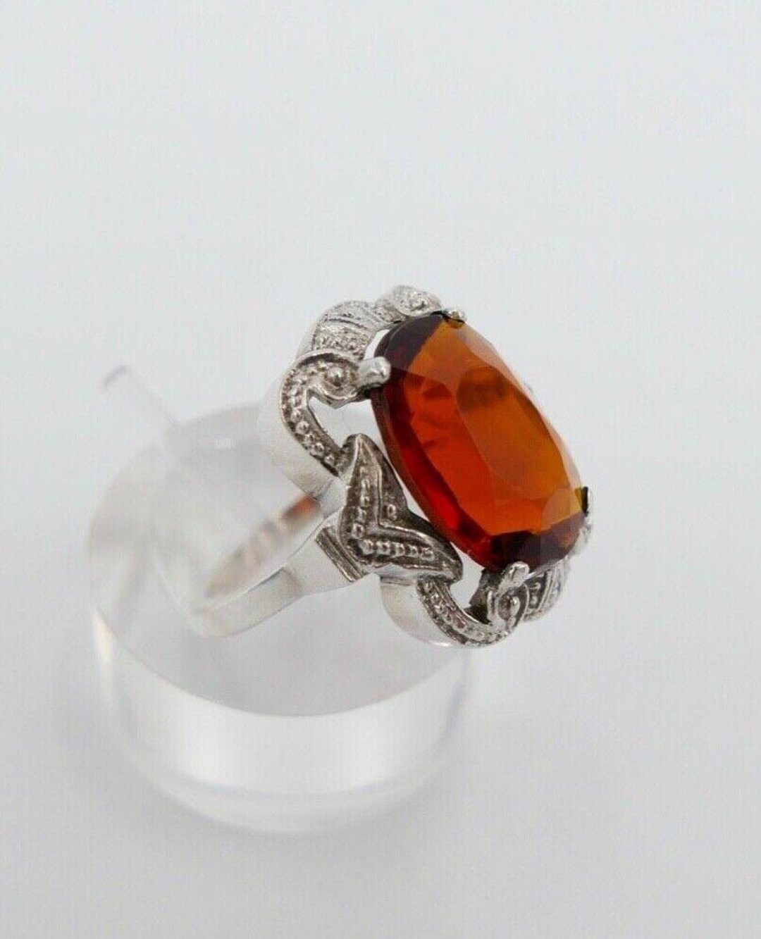 ART DECO Ladies Ring Silver 835 Large Oval Red Brown Glass Stone Size ...