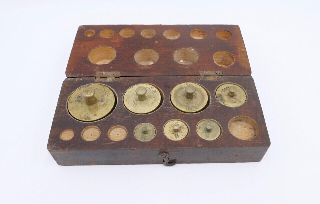 Old Brass Weight Set Wooden Box Apothecary Weights Calibration Stamp 5 ...