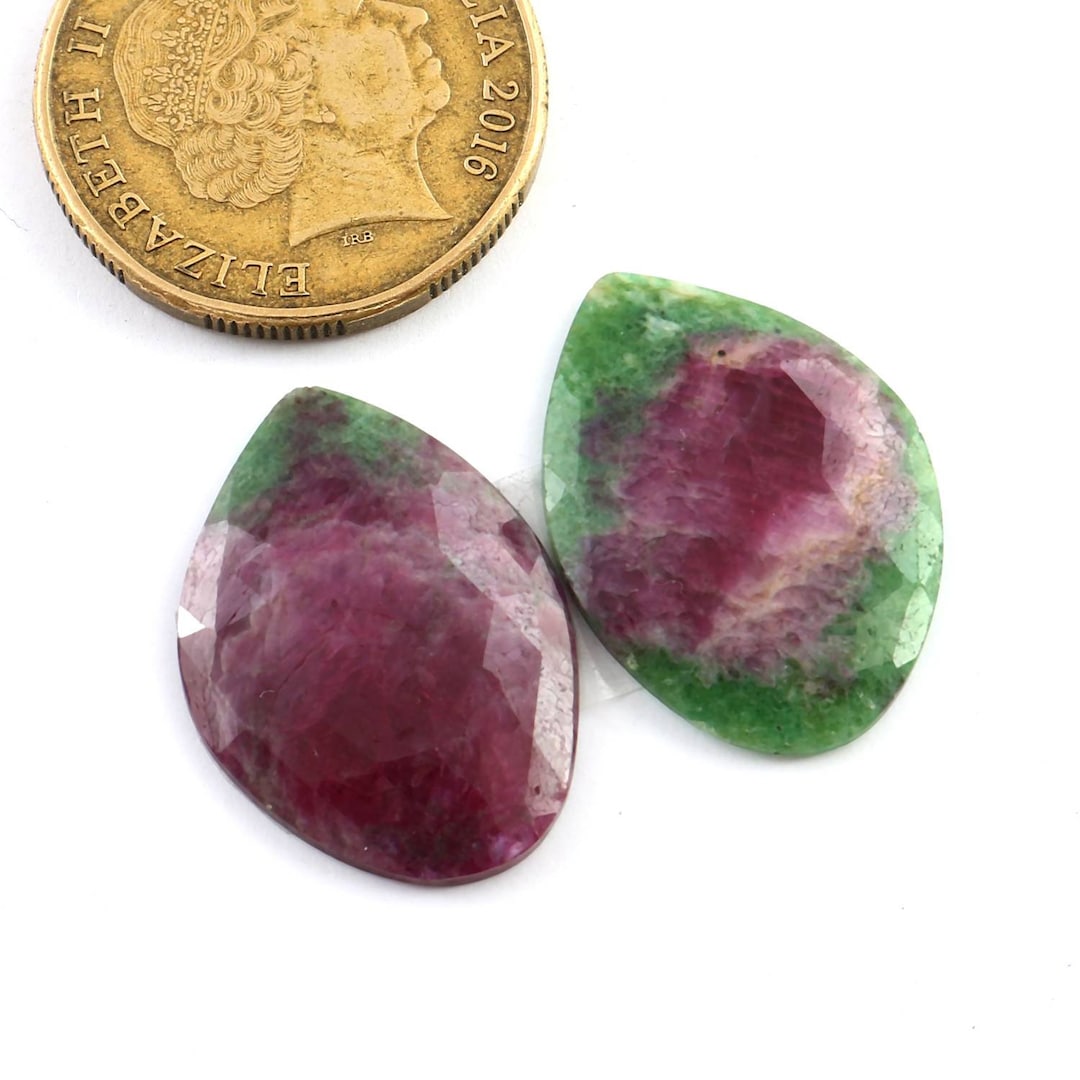 26x18x3.5mm Natural Ruby Zoisite Gemstone Pair, Rose Cut Ruby Gemstone ...