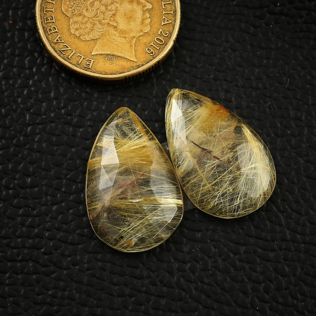 25x15.5x5mm, Golden Rutile Pair, Gold Rutilated Gemstone, Rose Cut ...
