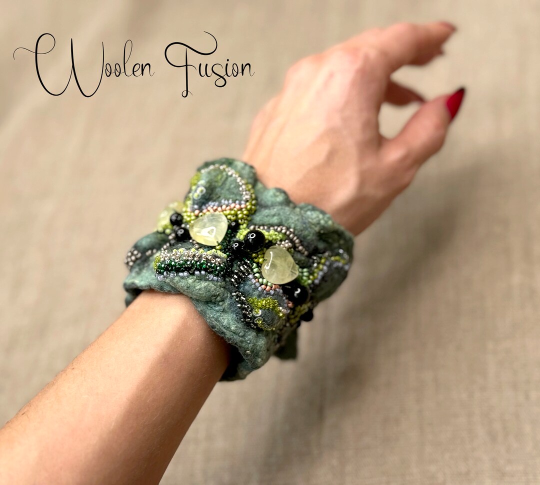Felted Wool Bracelet Decorated With Natural Stones and Beads - Etsy