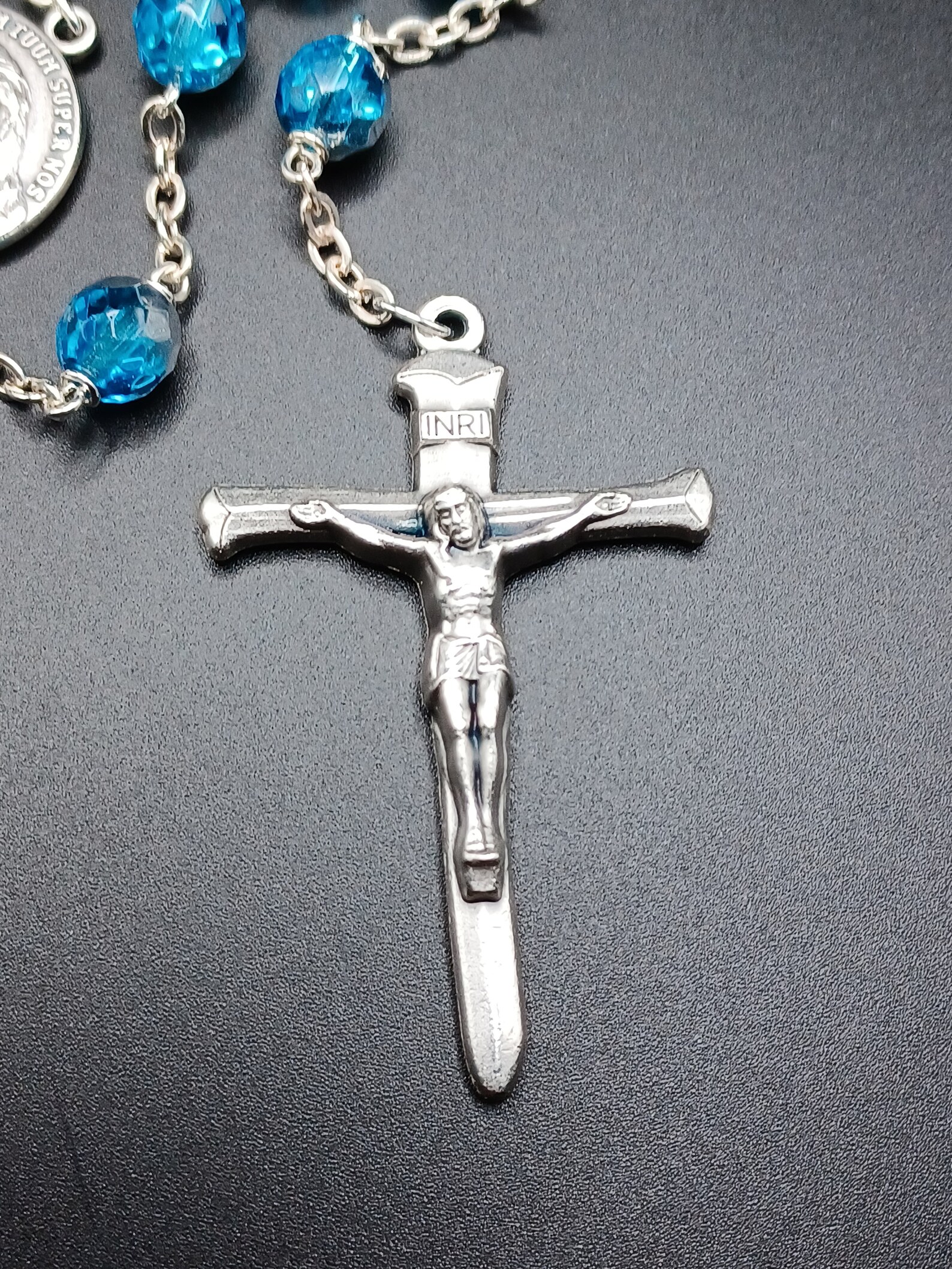 Holy Face Rosary: Aquamarine Crystal Prayer Beads, Catholic Gift - Etsy