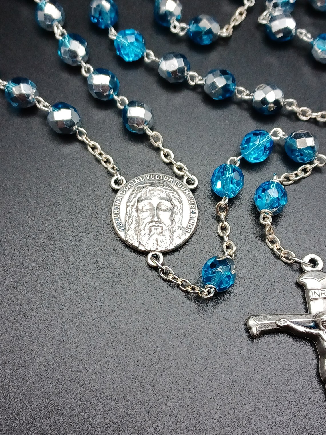 Holy Face Rosary: Aquamarine Crystal Prayer Beads, Catholic Gift - Etsy