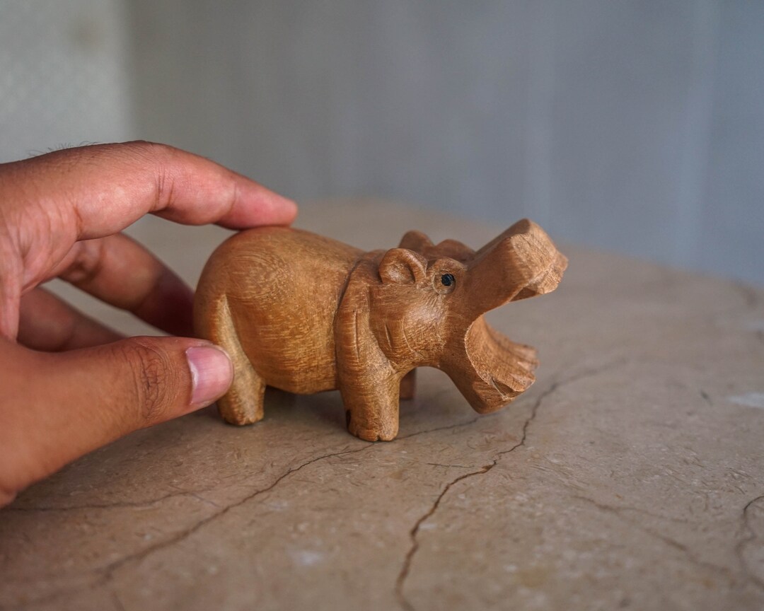 Wooden Hippo 3.5 Inch / 8cm , Hand Carved Sculpture, Wood Carving ...