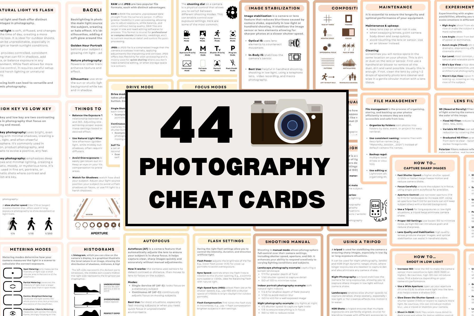 Photography Cheat Cards, 44 Mini Photography Learning Guides, Instant ...