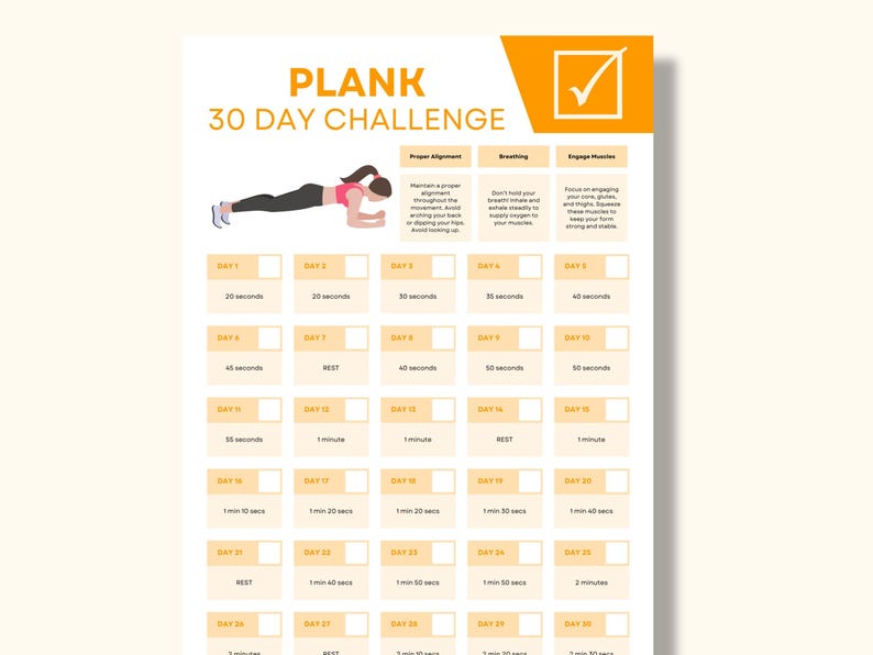 Plank 30 Day Challenge Template | Printable Fitness Tracker for Core Strength and Workout Goals ...
