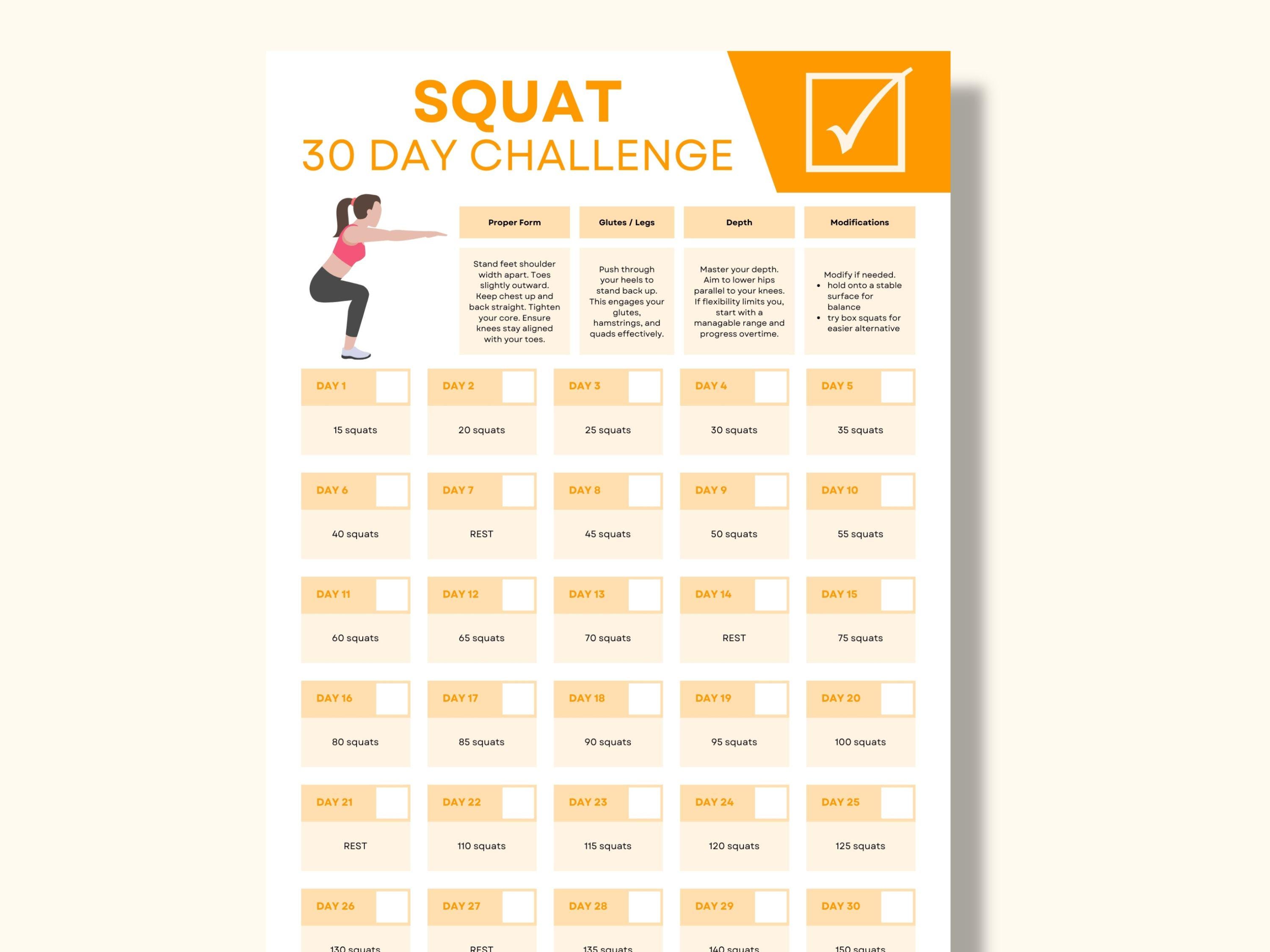 Squat 30 Day Challenge Template Printable Daily Fitness Tracker for Leg ...