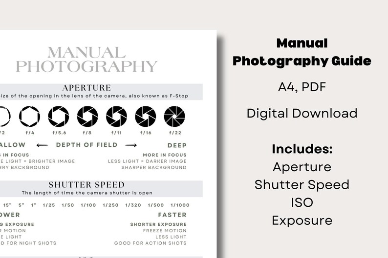 Manual Photography Cheat Sheet in Grey, Exposure, ISO, Aperture, Shutter Speed, Learn ...