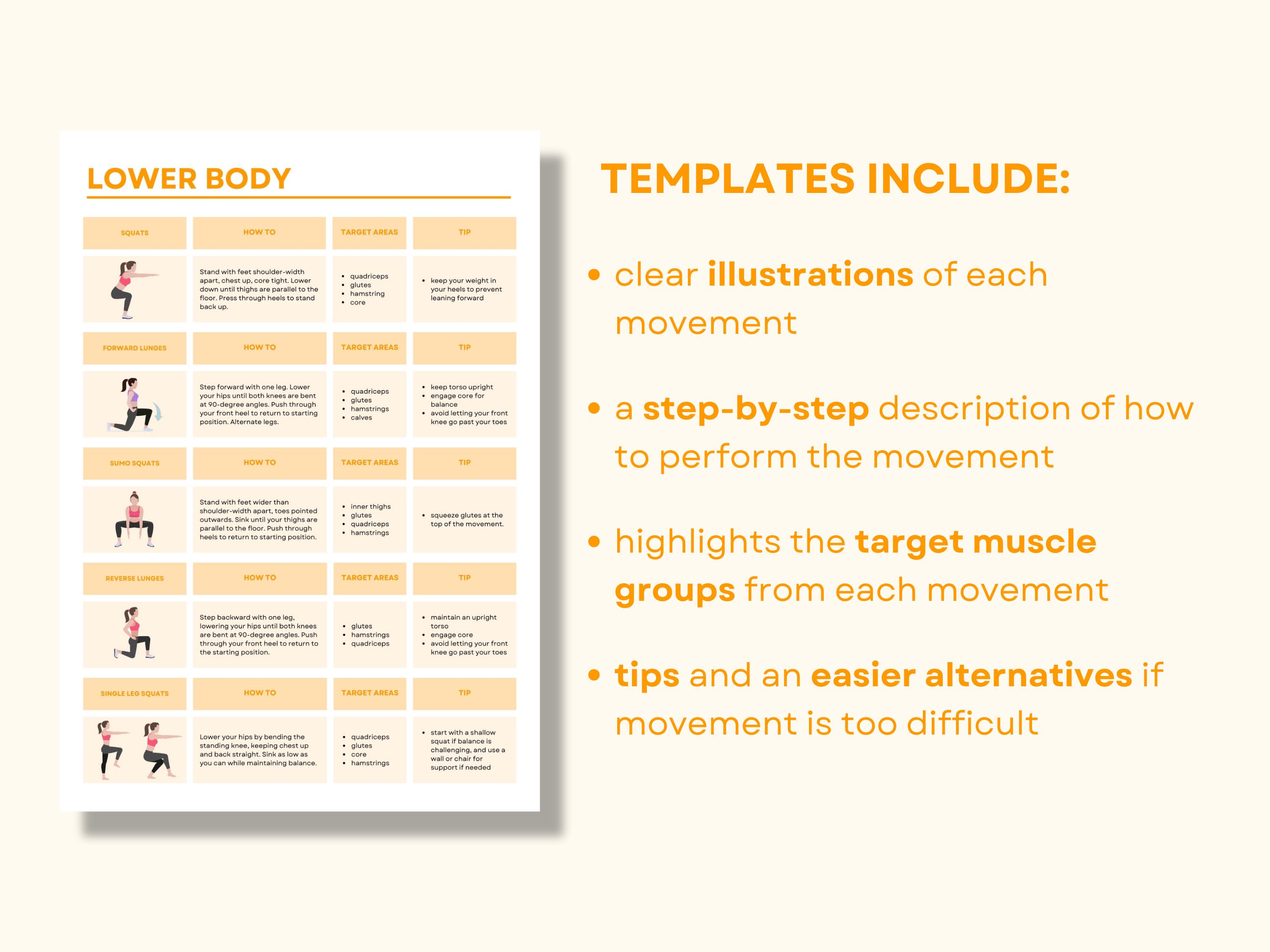Lower Body Exercise Guide Printables | Toned Legs | Leg and Glute ...