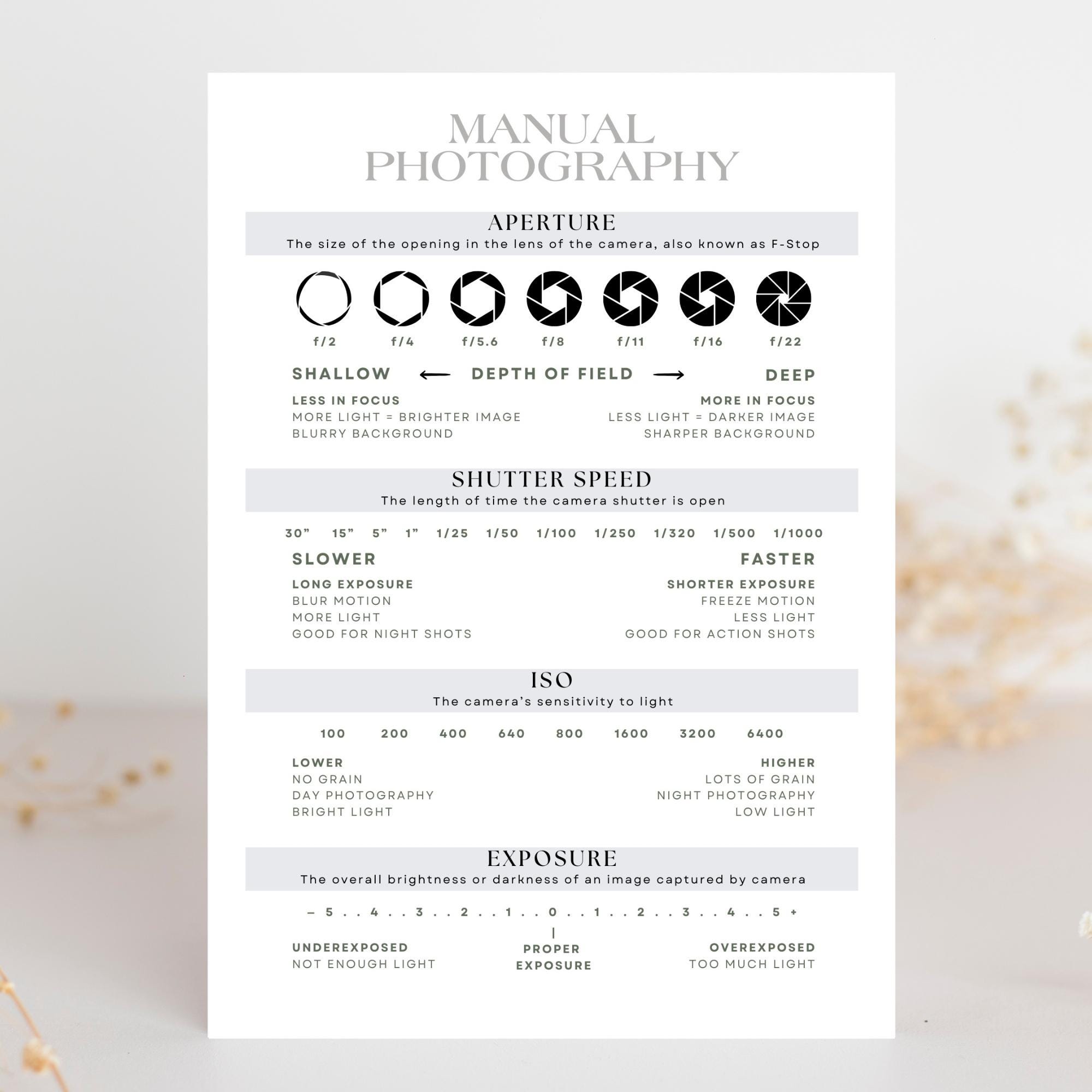 Photography Cheat Sheets, 6 Learner Guides, Manual Settings, ISO ...