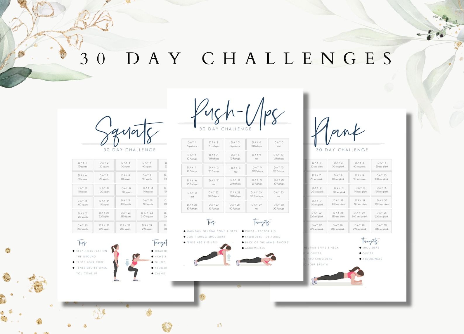 Fitness 30 Day Challenge Printable / Squat Challenge / Plank Challenge ...