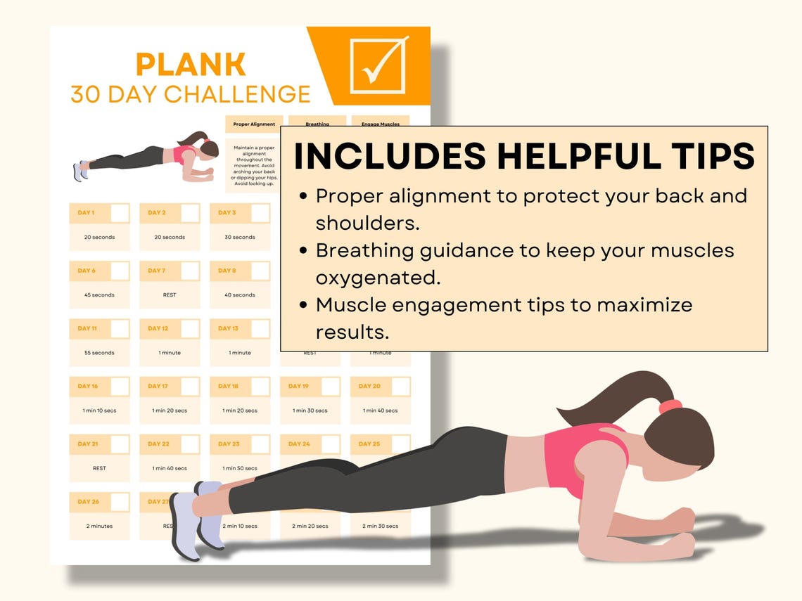 Plank 30 Day Challenge Template | Printable Fitness Tracker for Core ...
