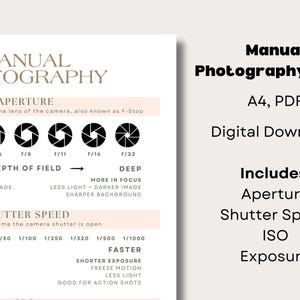 Manual Photography Cheat Sheet Boho, Exposure, ISO, Aperture, Shutter Speed, Learn Photography ...