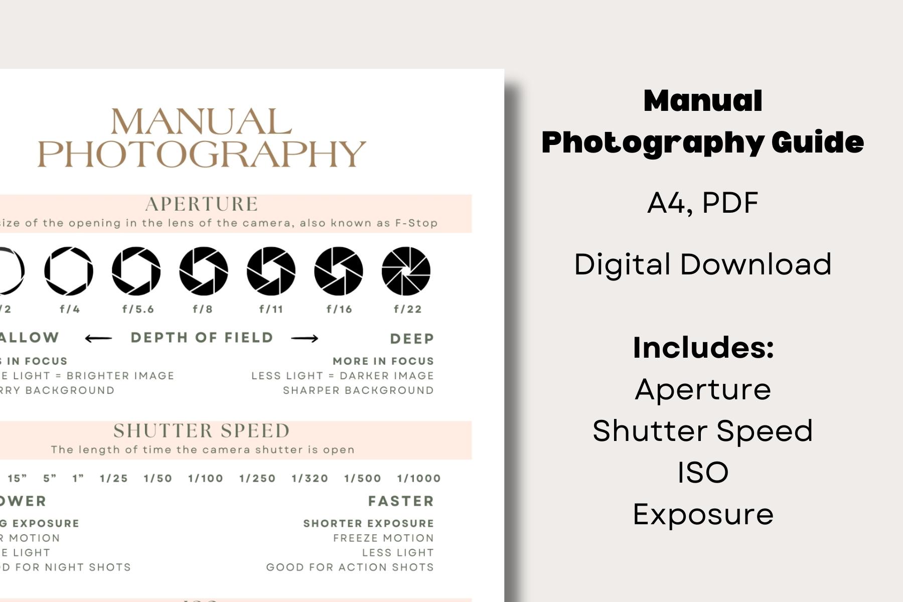 Manual Photography Cheat Sheet Boho, Exposure, ISO, Aperture, Shutter ...