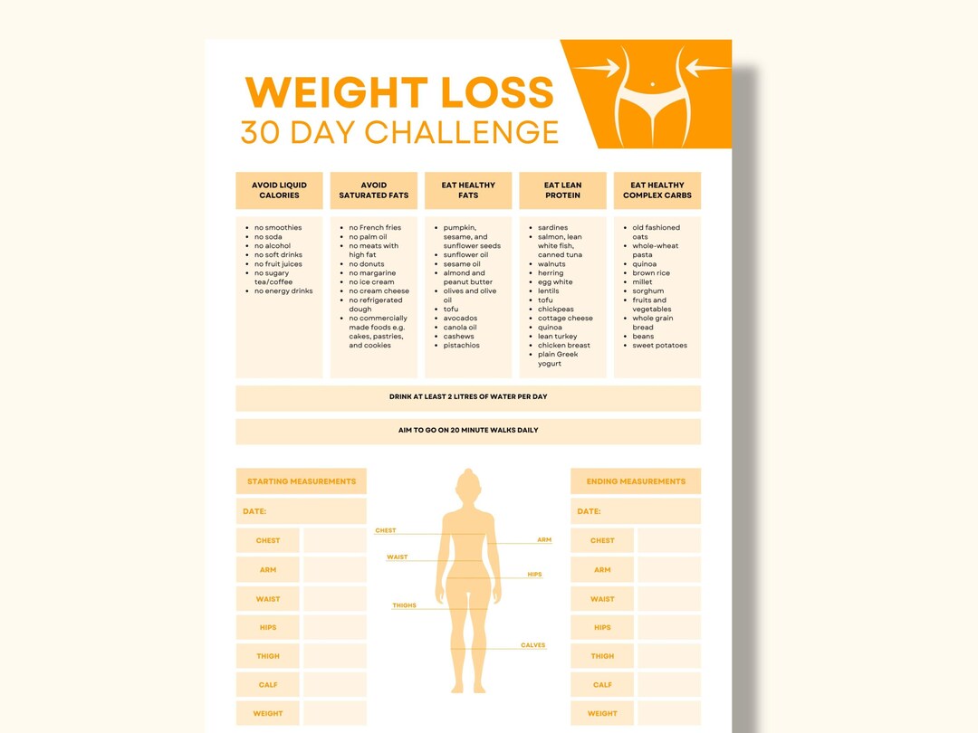 30-day Weight Loss Challenge Template - Includes Foods to Eat and to ...
