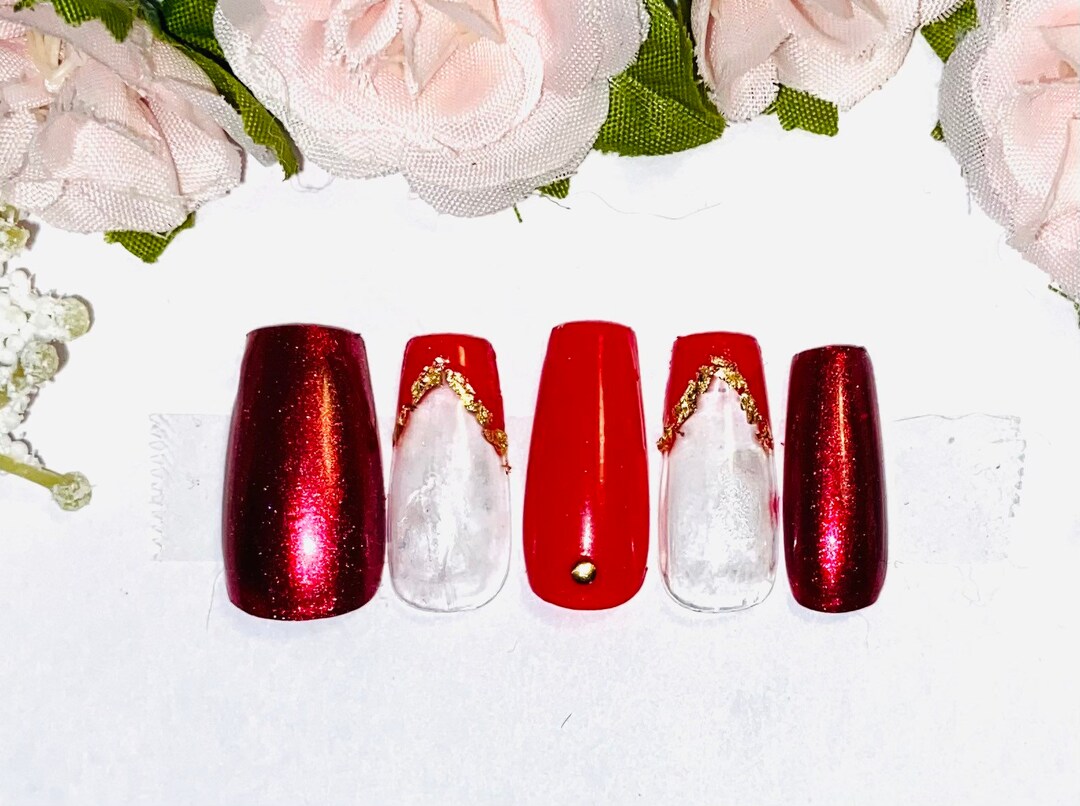 Valentines Red/gold Nails Comes With Kit to Prep Your Nails - Etsy