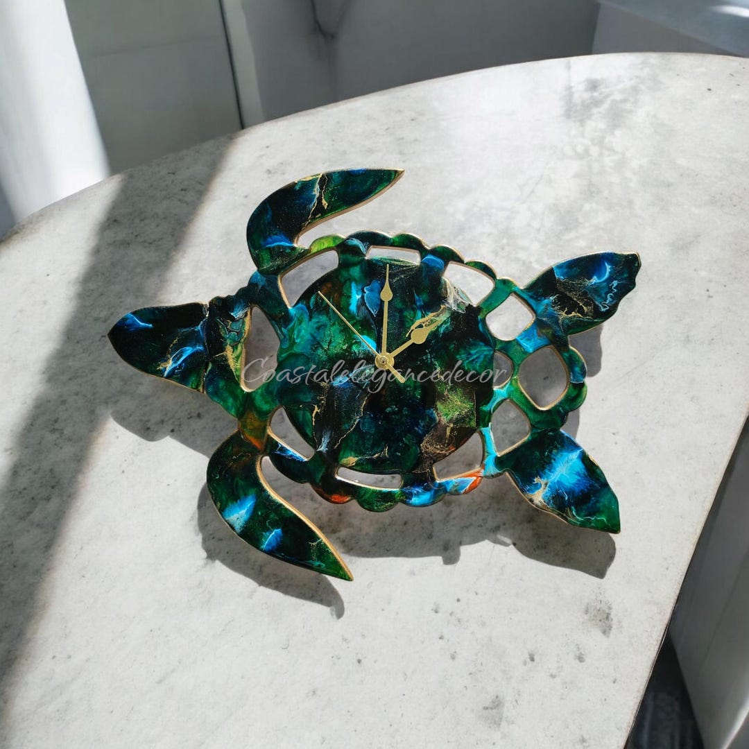 Unique Polynesian Style Turtle Clock Wood With Resin Handmade Blues and ...
