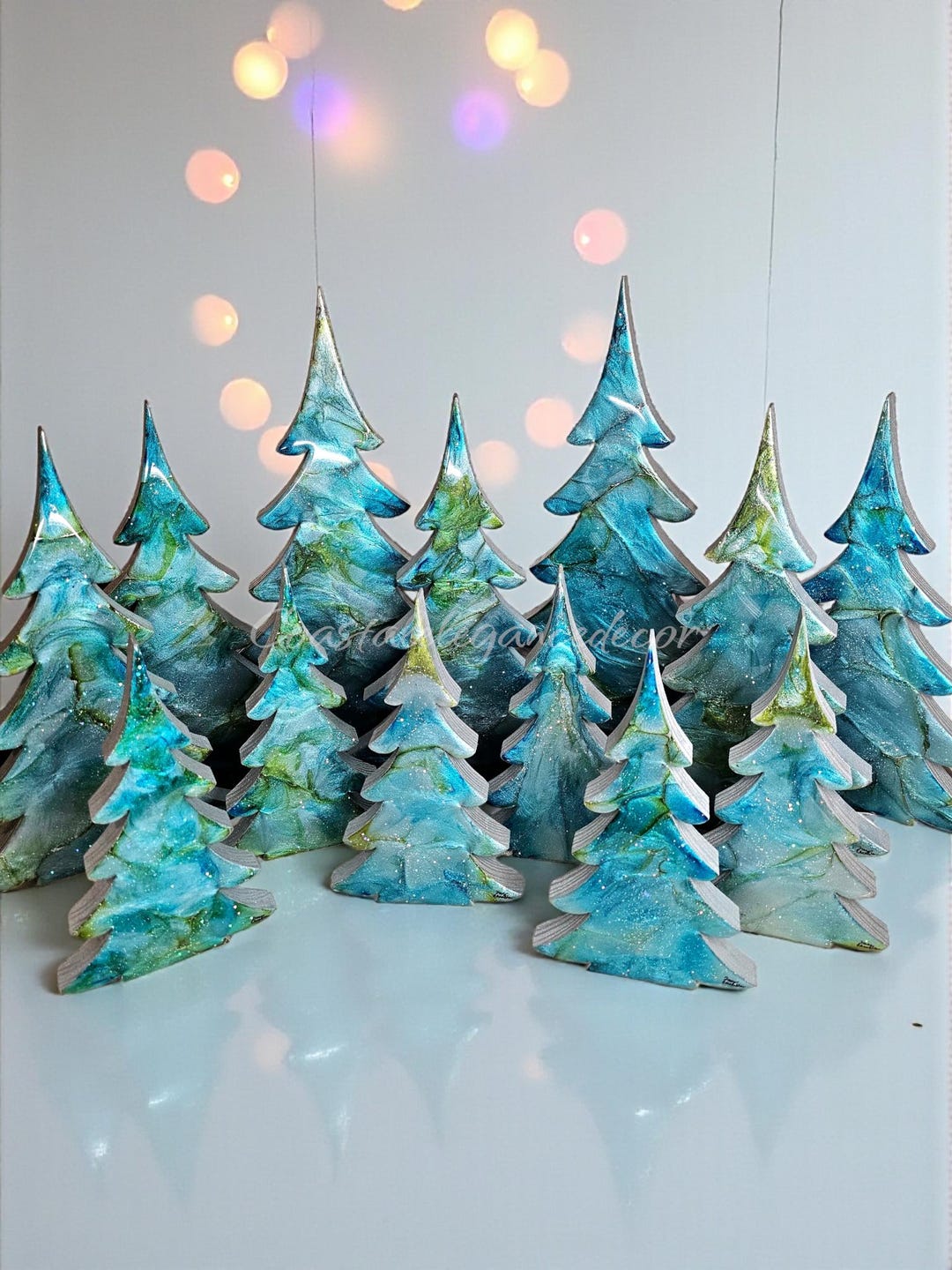 Handmade Tabletop Sparkly Blue Green Silver Evergreen Christmas Trees ...