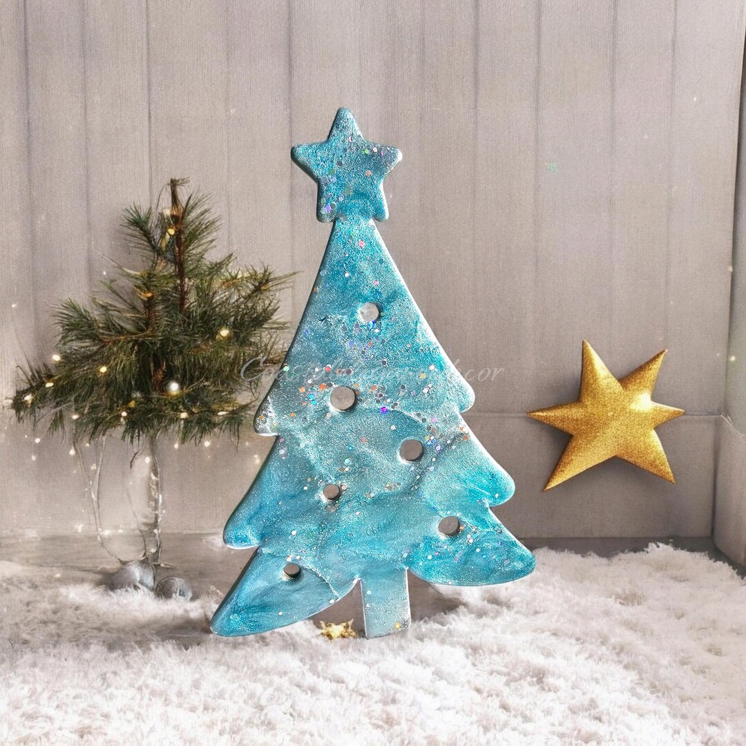 Handcrafted Resin on Wood Sparkly Turquoise or Silver Blue Christmas ...