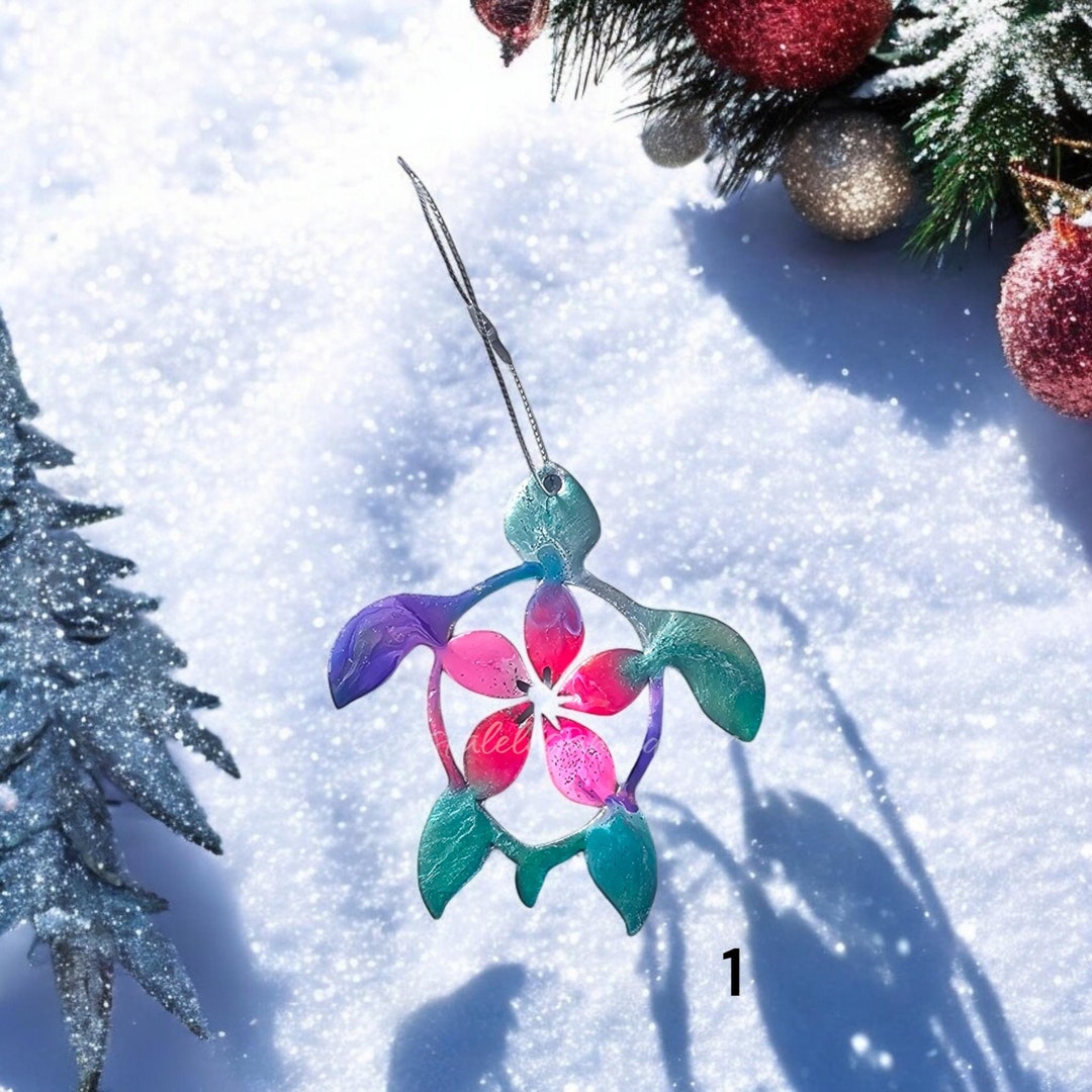 Polynesian Sea Turtle With Tropical Flower Resin on Wood Christmas Tree ...