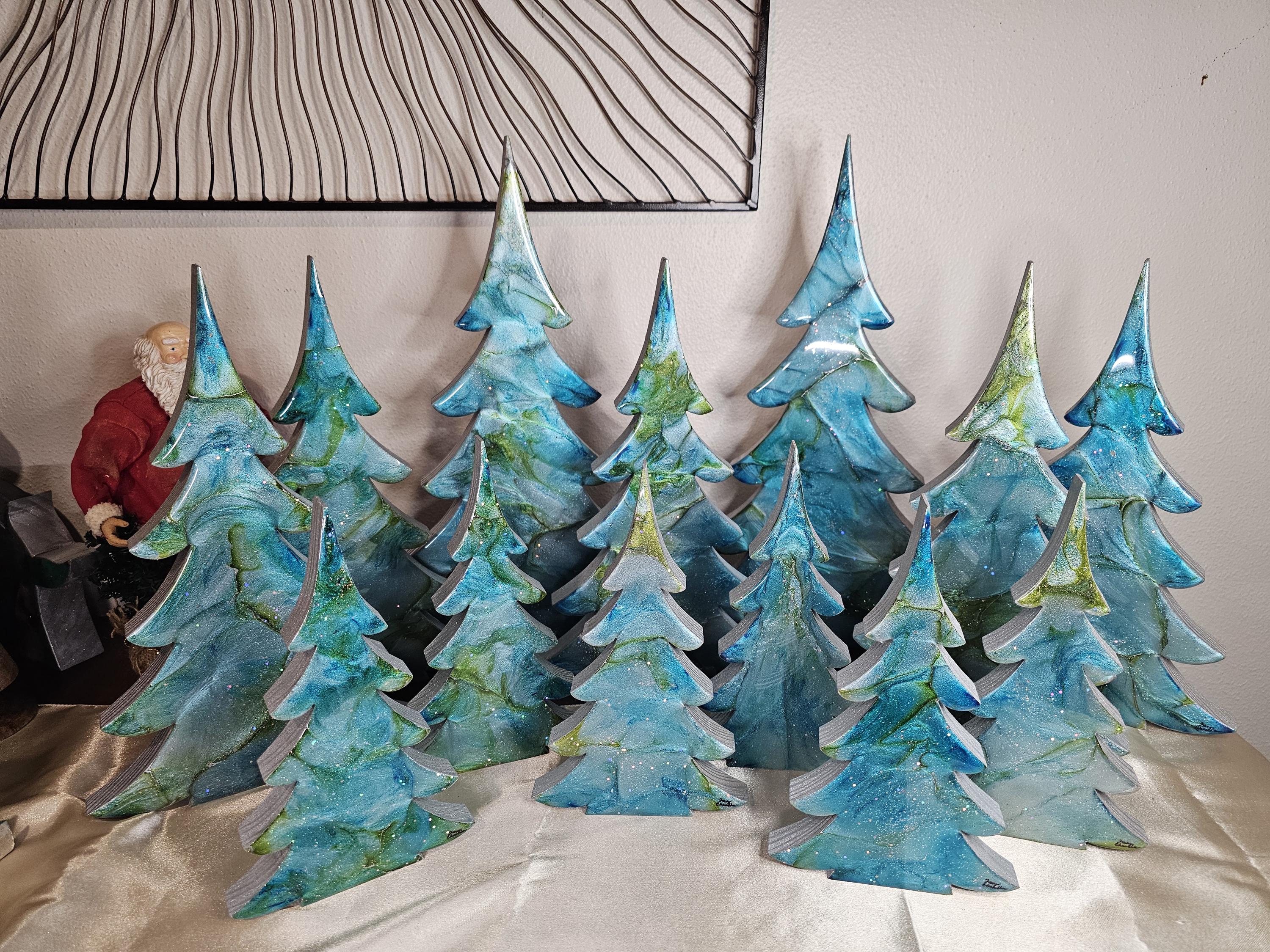 Handmade Tabletop Sparkly Blue Green Silver Evergreen Christmas Trees ...