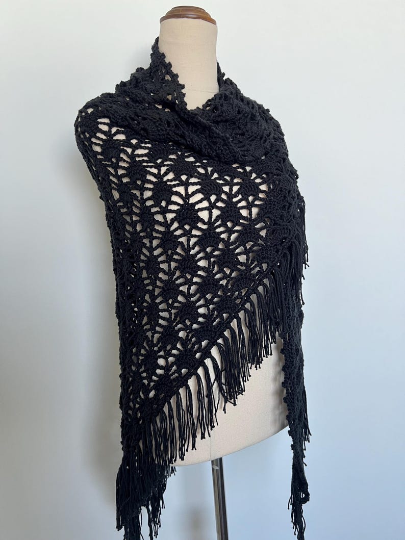 Gothic Triangle Shawl With Fringe | Colour: Black| Handmade | Crochet ...