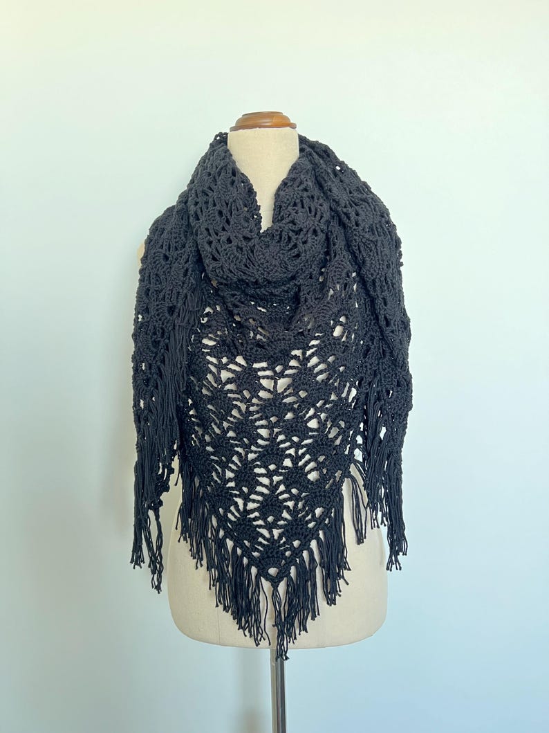 Gothic Triangle Shawl With Fringe | Colour: Black| Handmade | Crochet ...