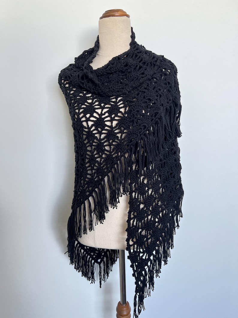 Gothic Triangle Shawl With Fringe | Colour: Black| Handmade | Crochet ...