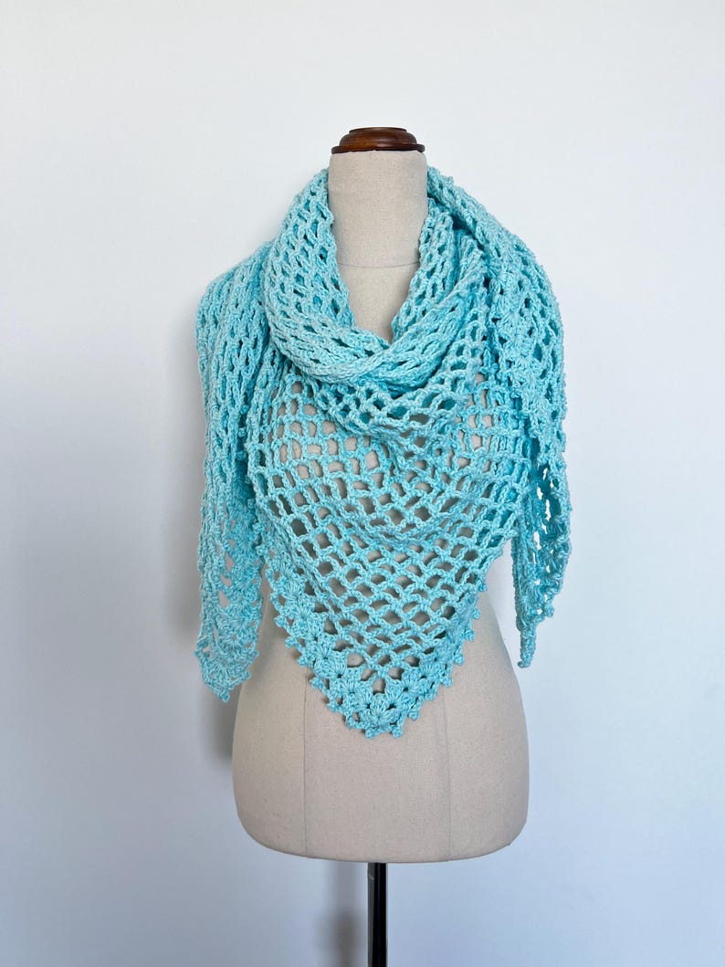 Net Triangle Shawl - Light Blue| Organic Cotton | Handmade | Crochet ...