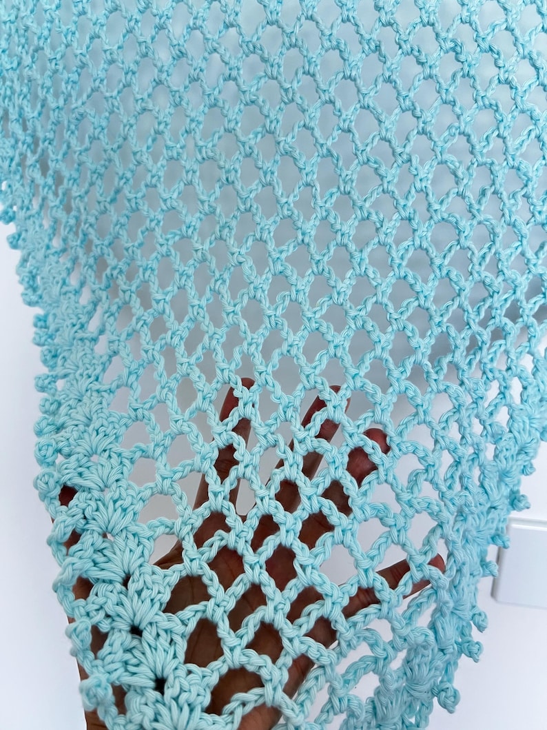 Net Triangle Shawl - Light Blue| Organic Cotton | Handmade | Crochet ...