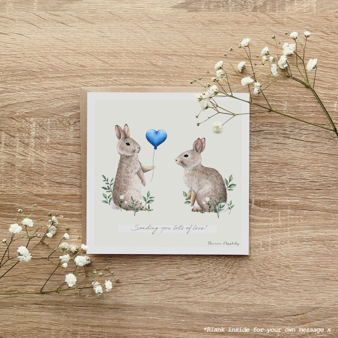 Rabbit 'sending Love' Square Illustration Blank Card - Etsy