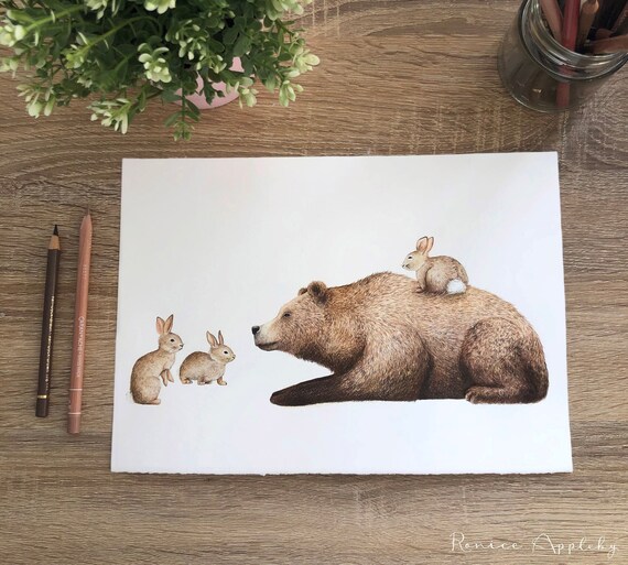 Bear and Rabbits Chilling Illustration Print Children's | Etsy